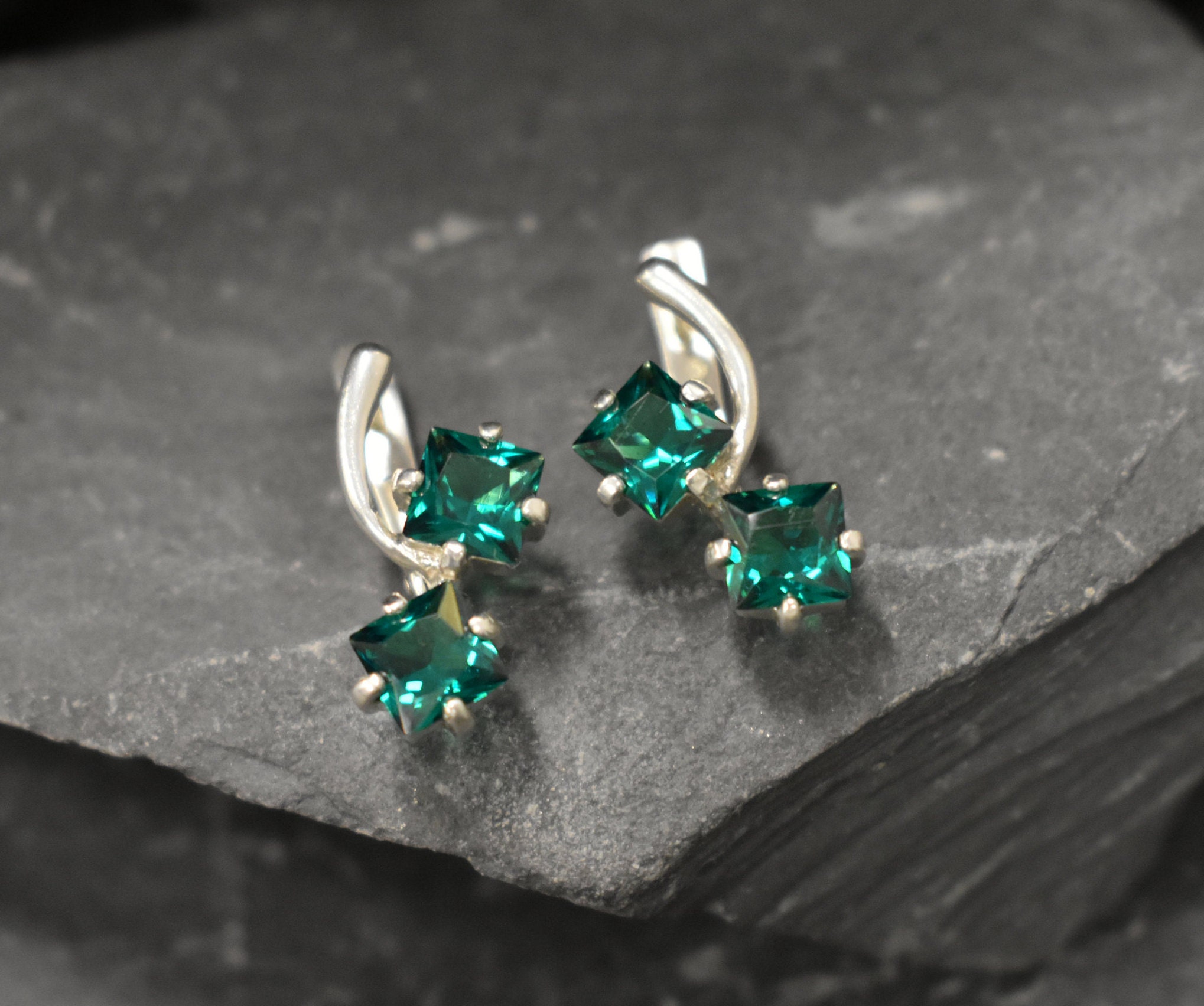 Square Emerald Earrings Created Emerald Asymmetric Earrings | Etsy UK