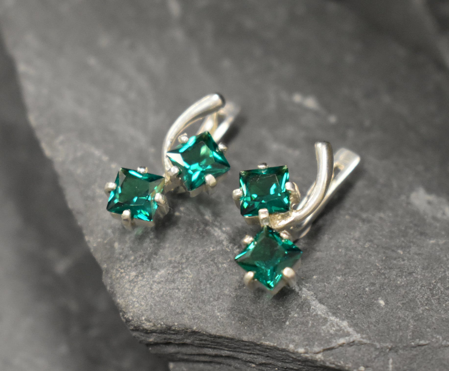 Square Emerald Earrings Created Emerald Asymmetric Earrings | Etsy UK