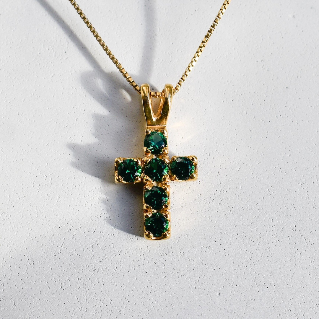 Gold Emerald Cross Pendant, Created Emerald, Gold Emerald Necklace ...