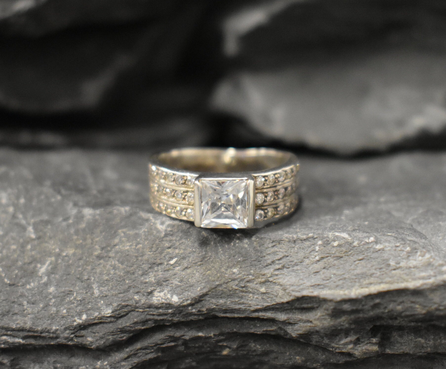 Diamond Square Ring Created CZ Diamond Thick Triple Band | Etsy