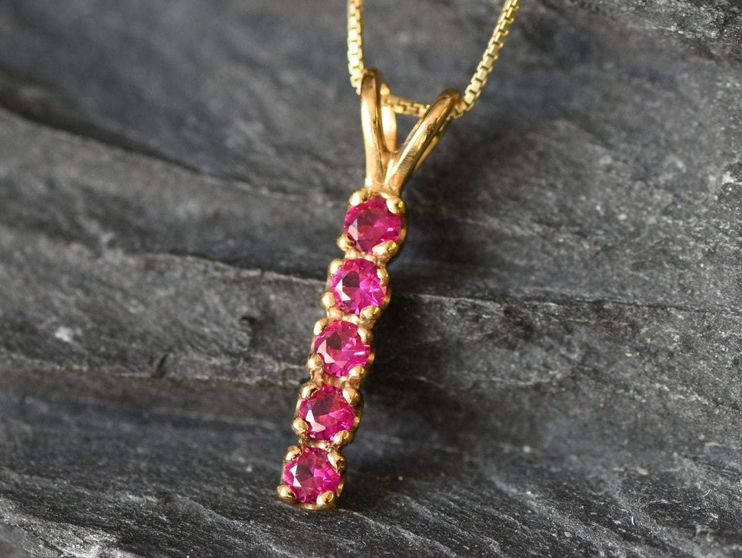 Gold Ruby Pendant, Created Ruby, Vertical Pendant, Bar Pendant, Drop ...