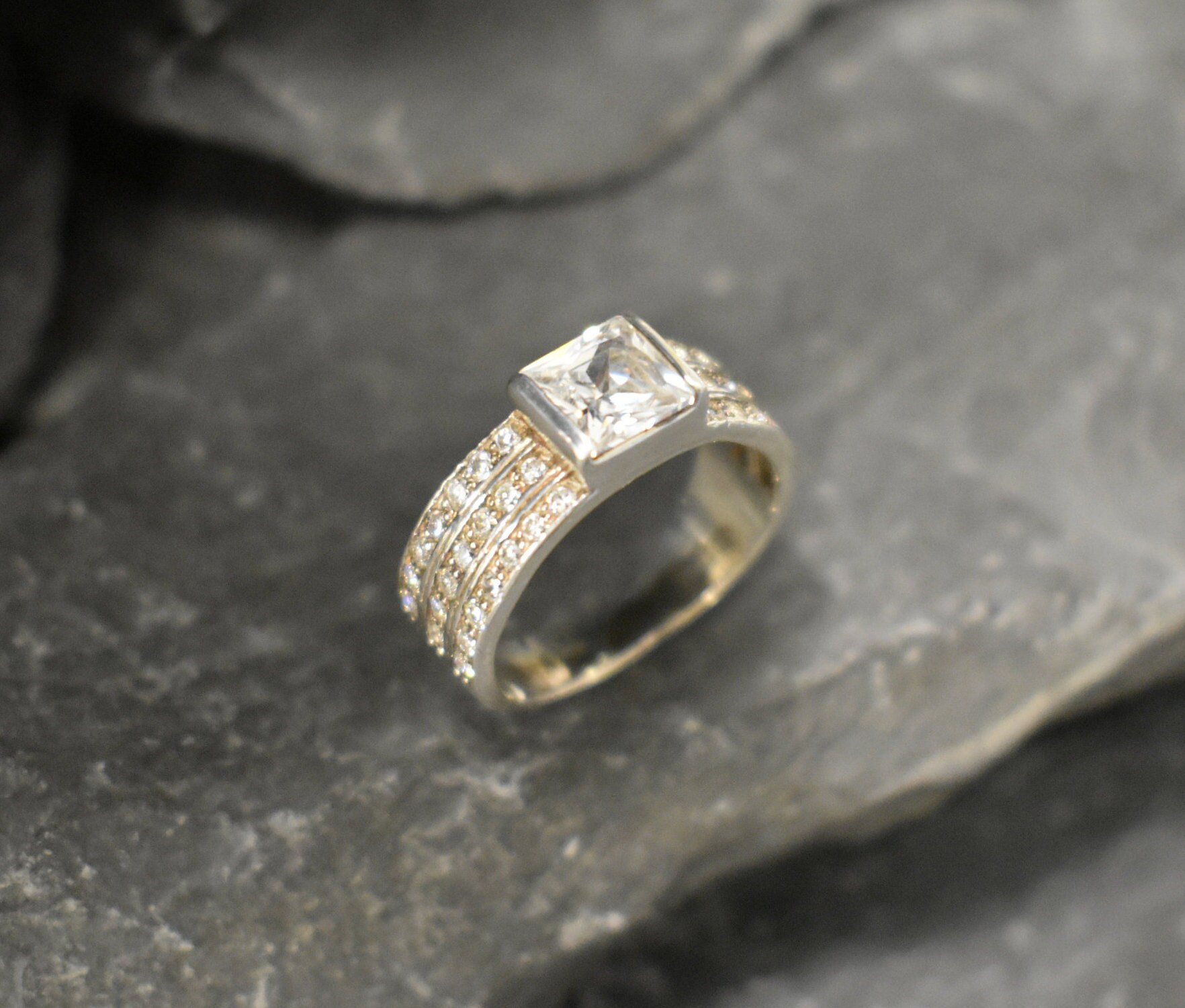 Diamond Square Ring Created CZ Diamond Thick Triple Band | Etsy