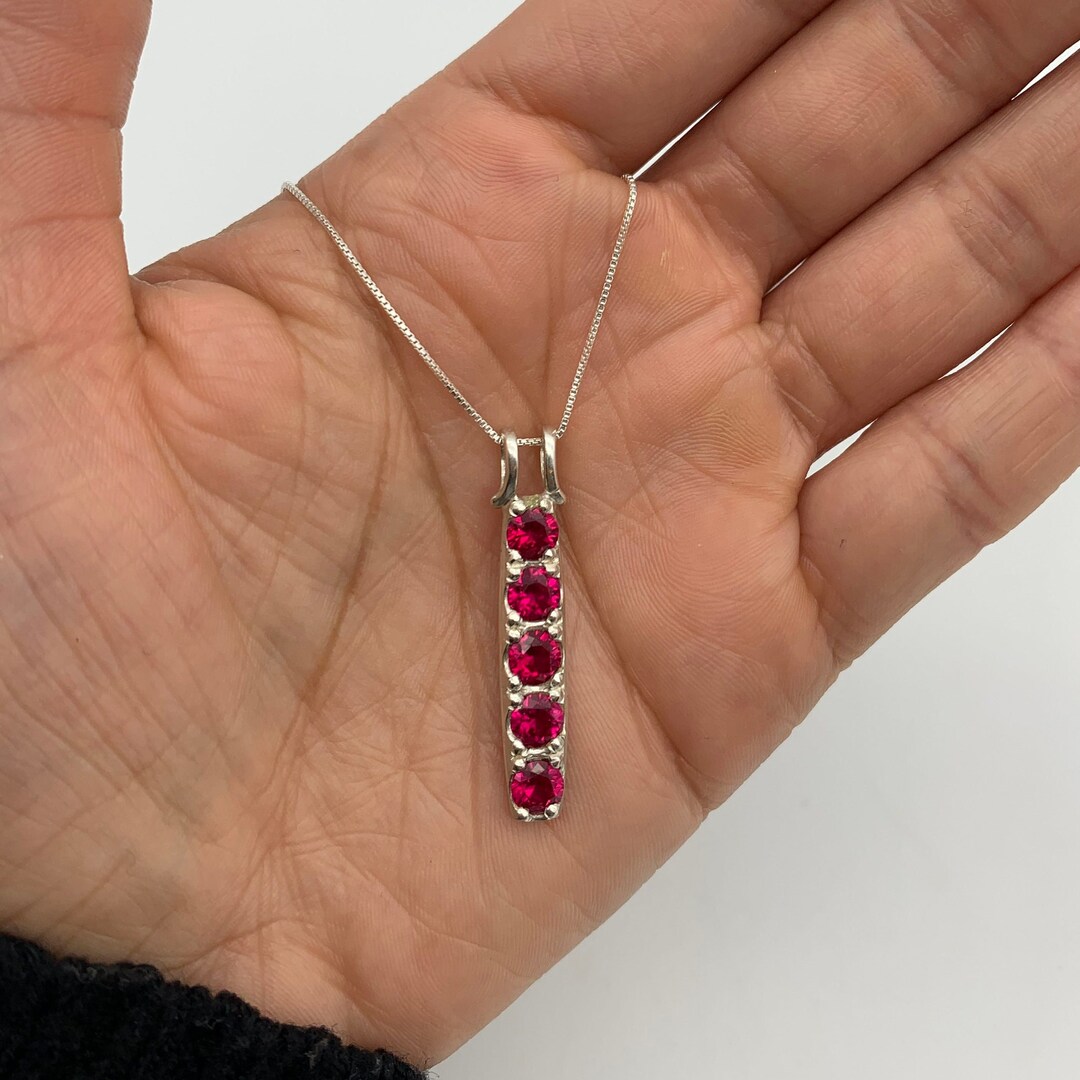 Vertical Ruby Necklace, Red Ruby Necklace, Created Ruby Pendant, July ...