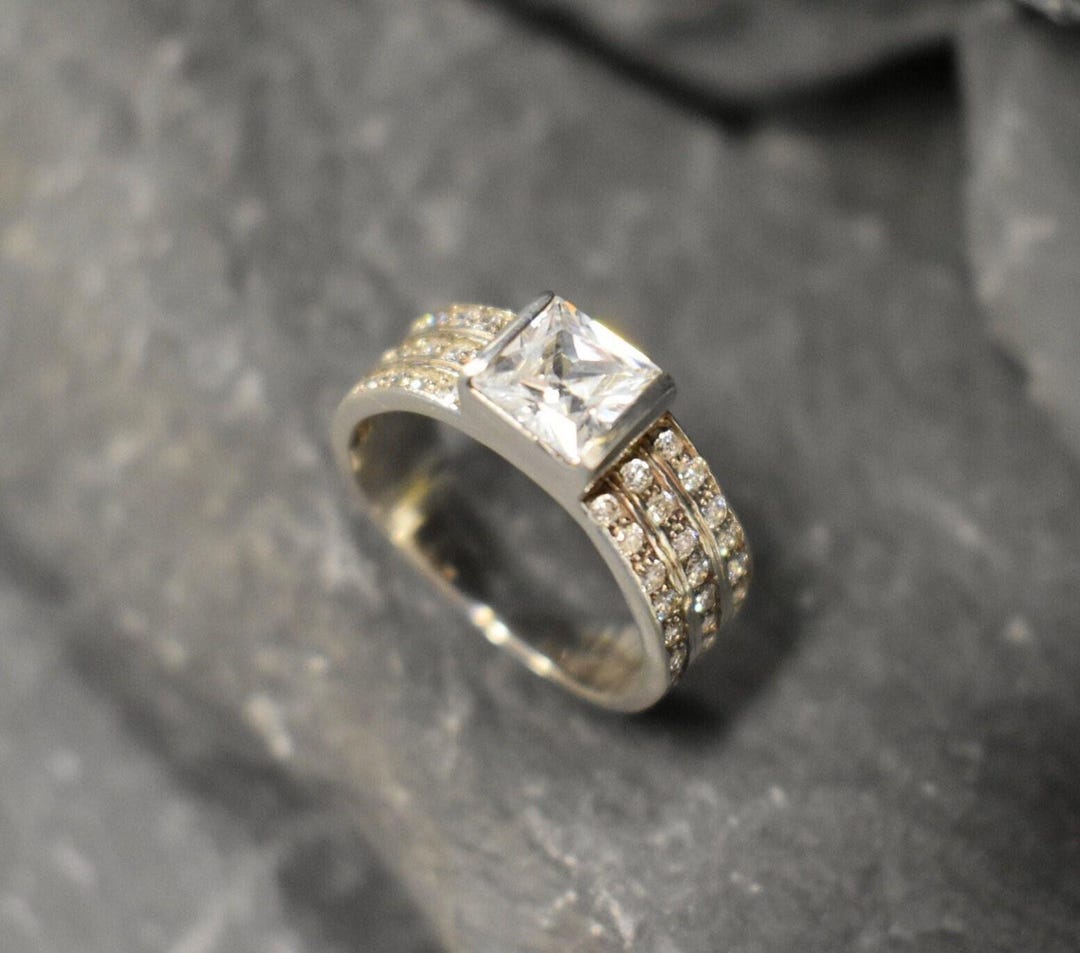 Diamond Square Ring, Created CZ Diamond, Thick Triple Band, Vintage ...