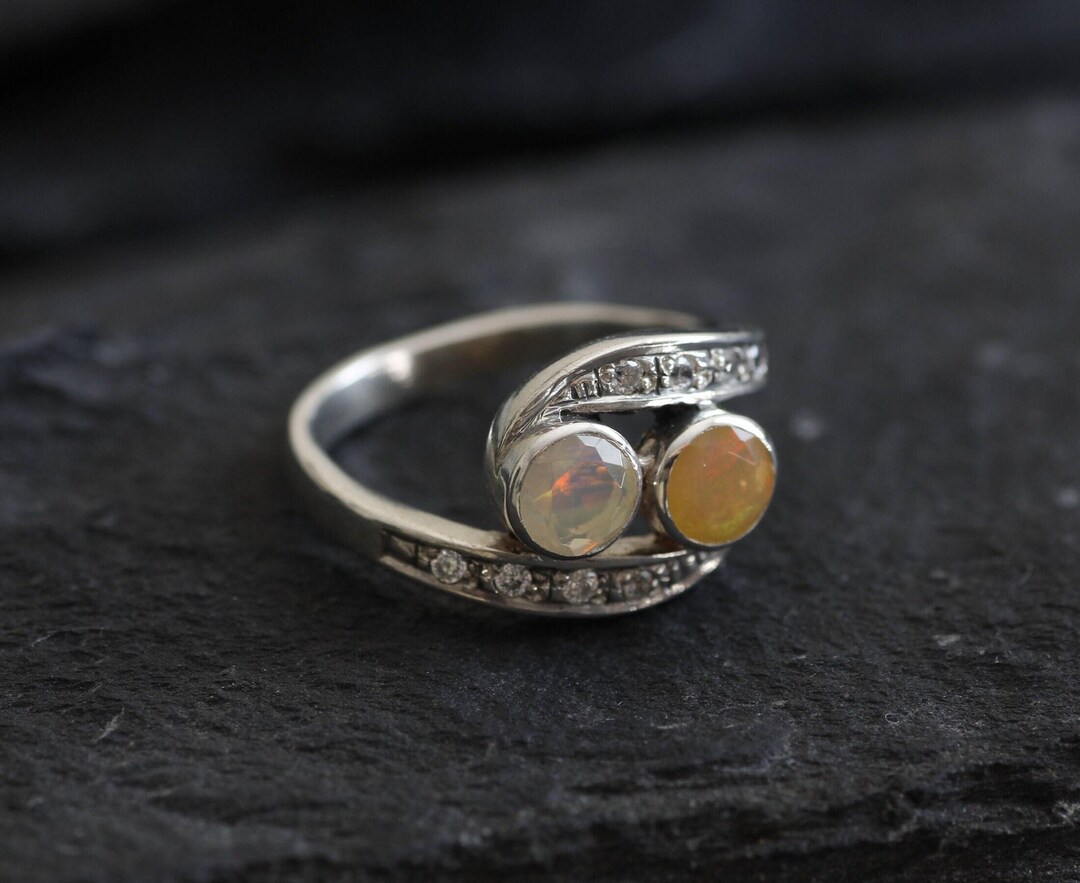 Fire Opal Ring, Natural Opal, Bypass Ring, Two Stone Ring, October ...