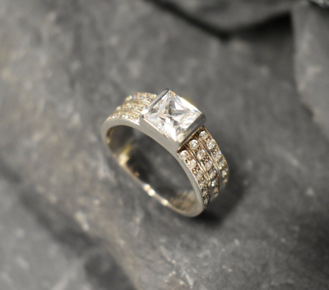 Diamond Square Ring, Created CZ Diamond, Thick Triple Band, Vintage ...