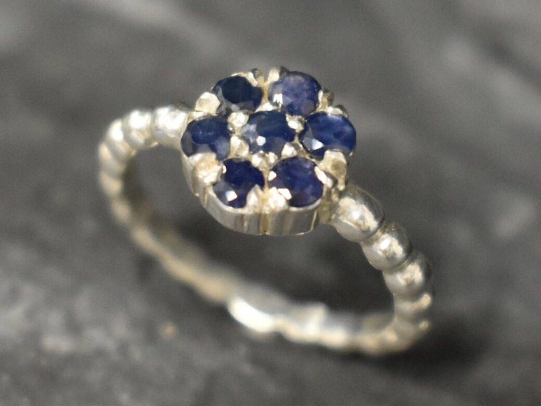 Blue Flower Ring, Natural Sapphire Ring, Blue Gem Ring, Dainty Flower ...