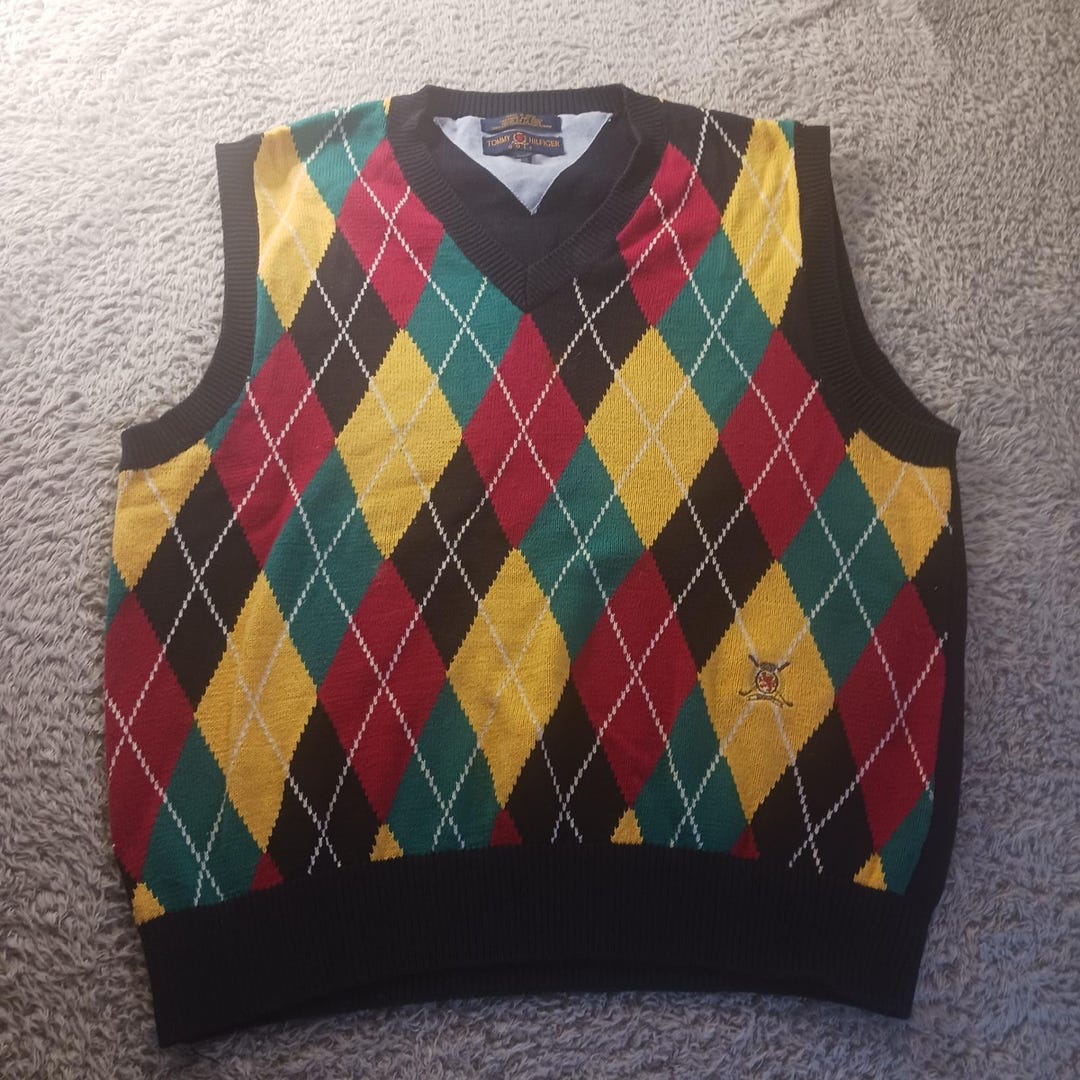 Tommy Hilfiger Golf Argyle Sweater Vest M Multicolor Cotton Preppy Knit ...
