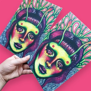 Psychadelic Alien Girl Art Print - Funky Wall Art - A5 Recycled Silk ...