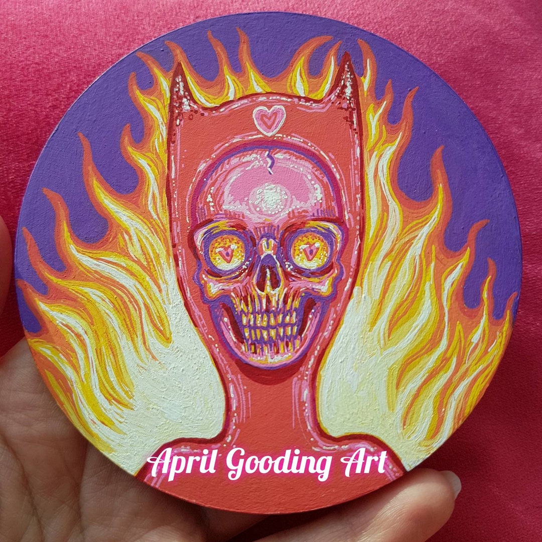 Valentine's Devil Skeleton - Original Posca Piece on Wooden Coaster ...