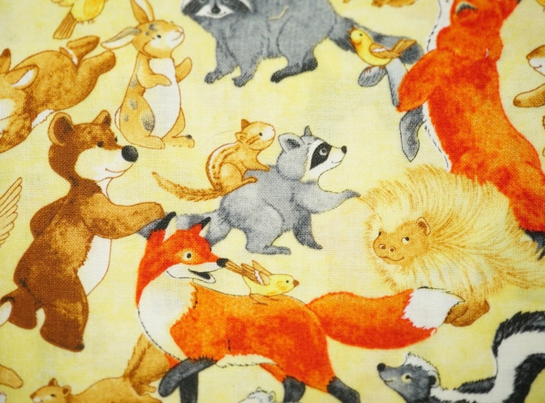 Vintage Cotton Fabric Cute Woodland Animal Pattern Yellow, Orange and ...