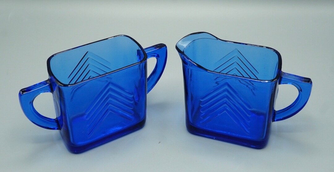 1930s Hazel Atlas Blue Ritz Chevron Glass Cream and Sugar Set ...