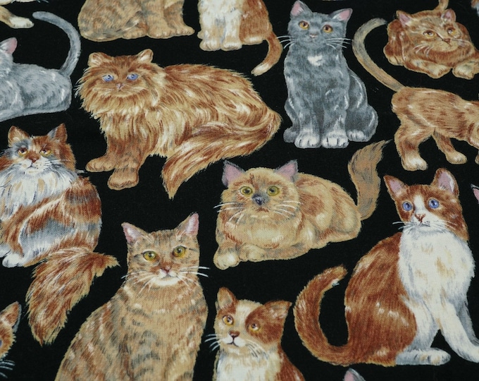 Cotton Quilting Fabric; Cats on Black Pattern; Black and Brown Colors ...