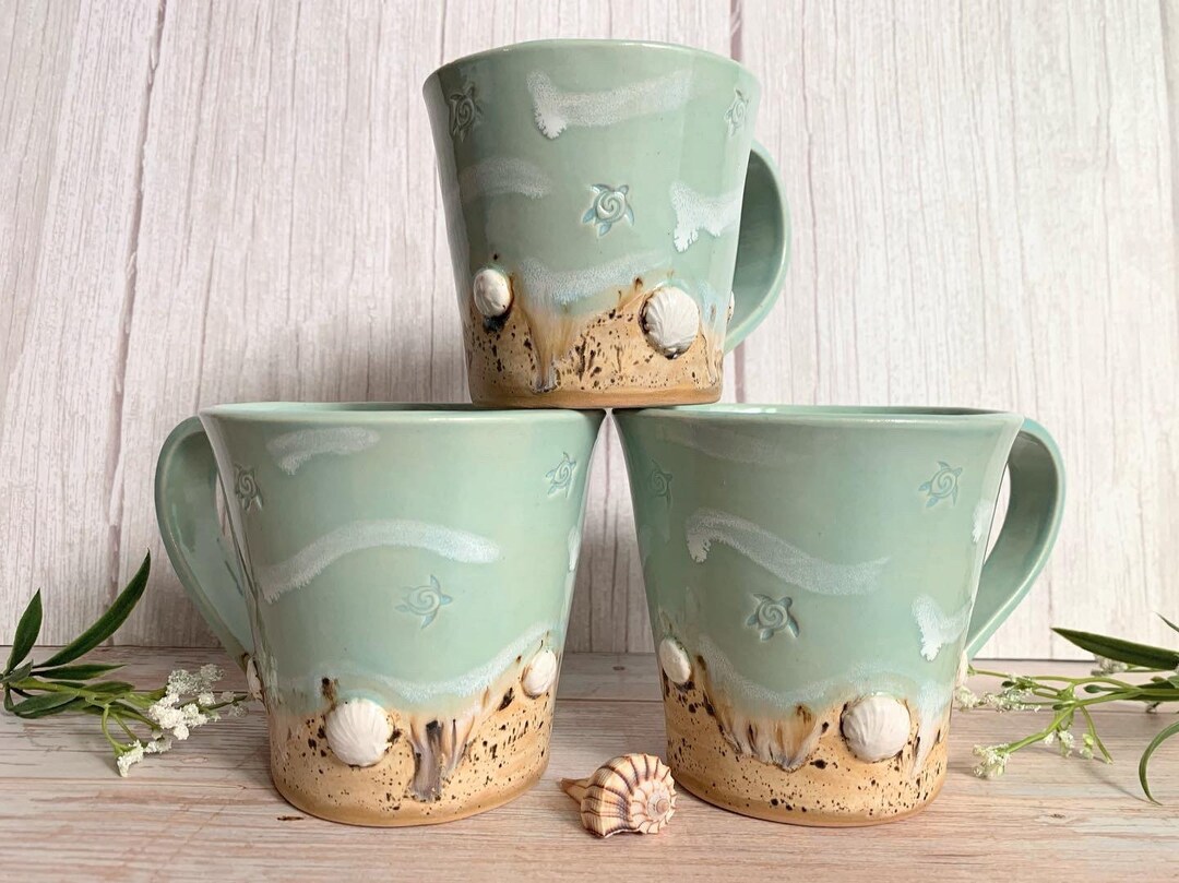 Handmade Beach / Ocean Style Mug With Seashells and Turtles, 14oz or ...