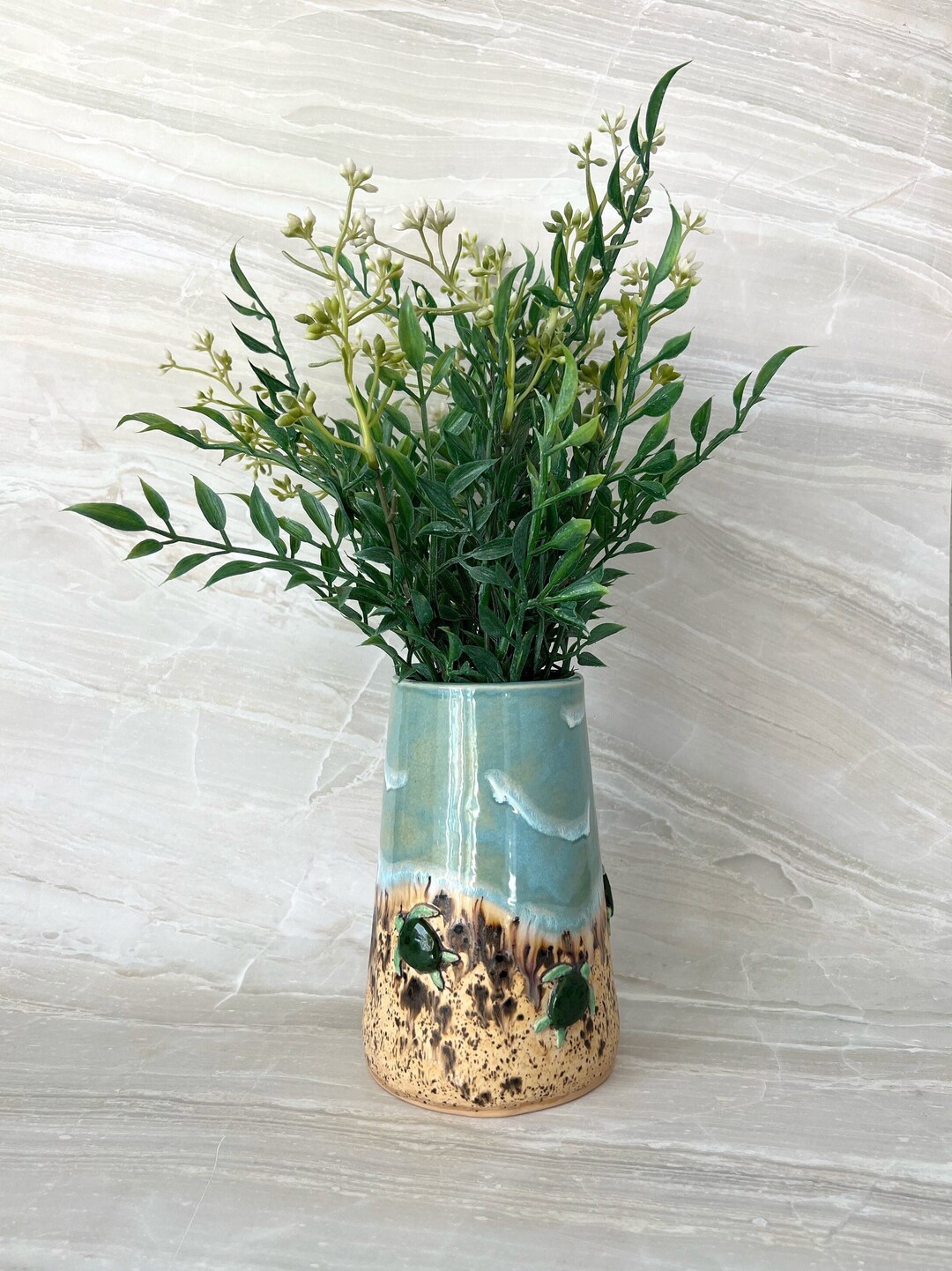 Beach Style Ceramic Sea Turtle Vase Finished in Blue, White and Sand - Etsy