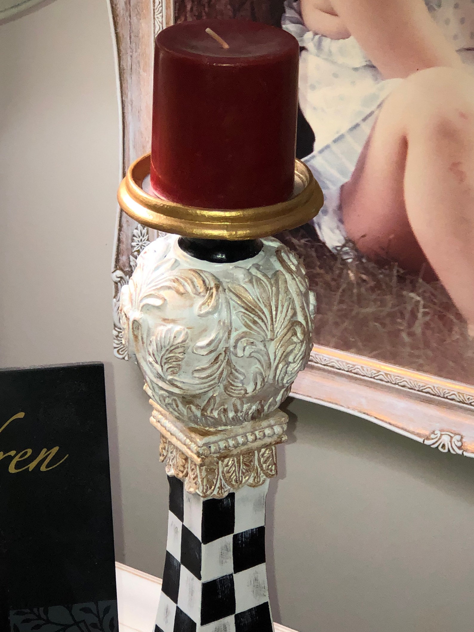 Finial Candleholder Ceramic Pillar Painted Black and White - Etsy