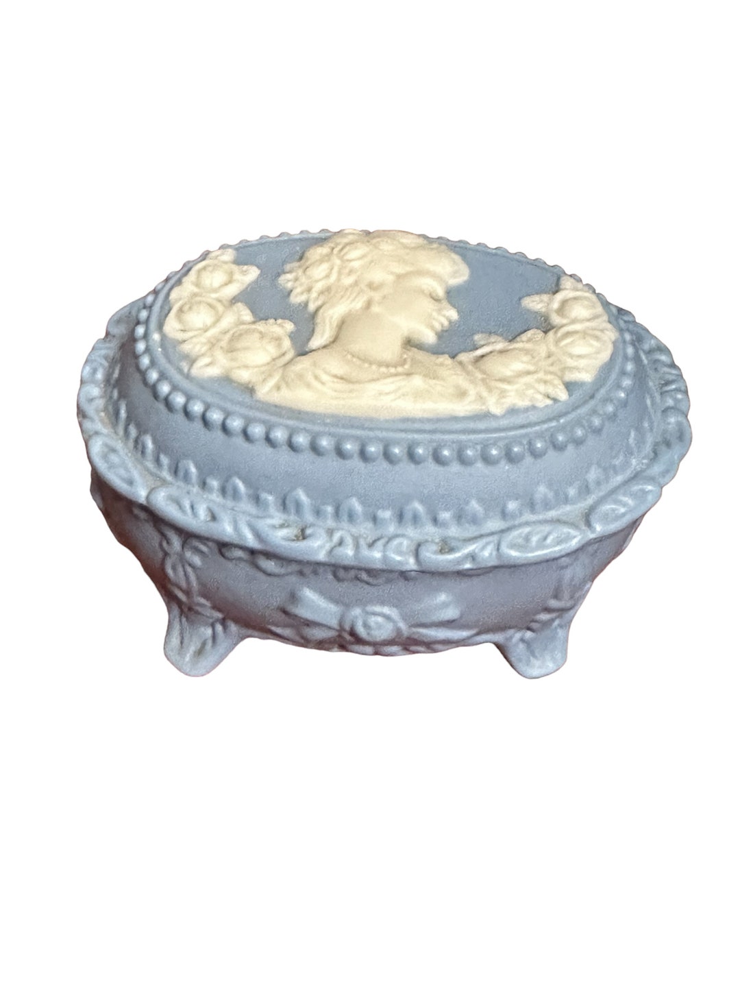 Jasperware Vintage Blue Wedgewood Vanity Jewelry Box Crown Accents ...