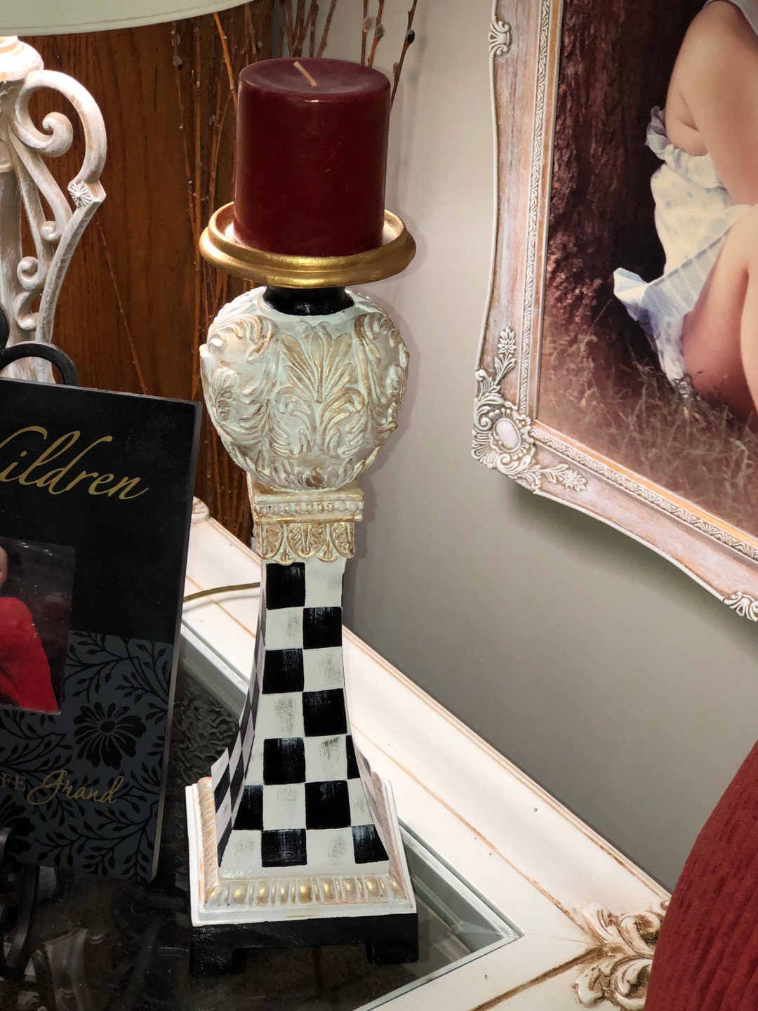 Finial Candleholder Ceramic Pillar Painted Black and White - Etsy