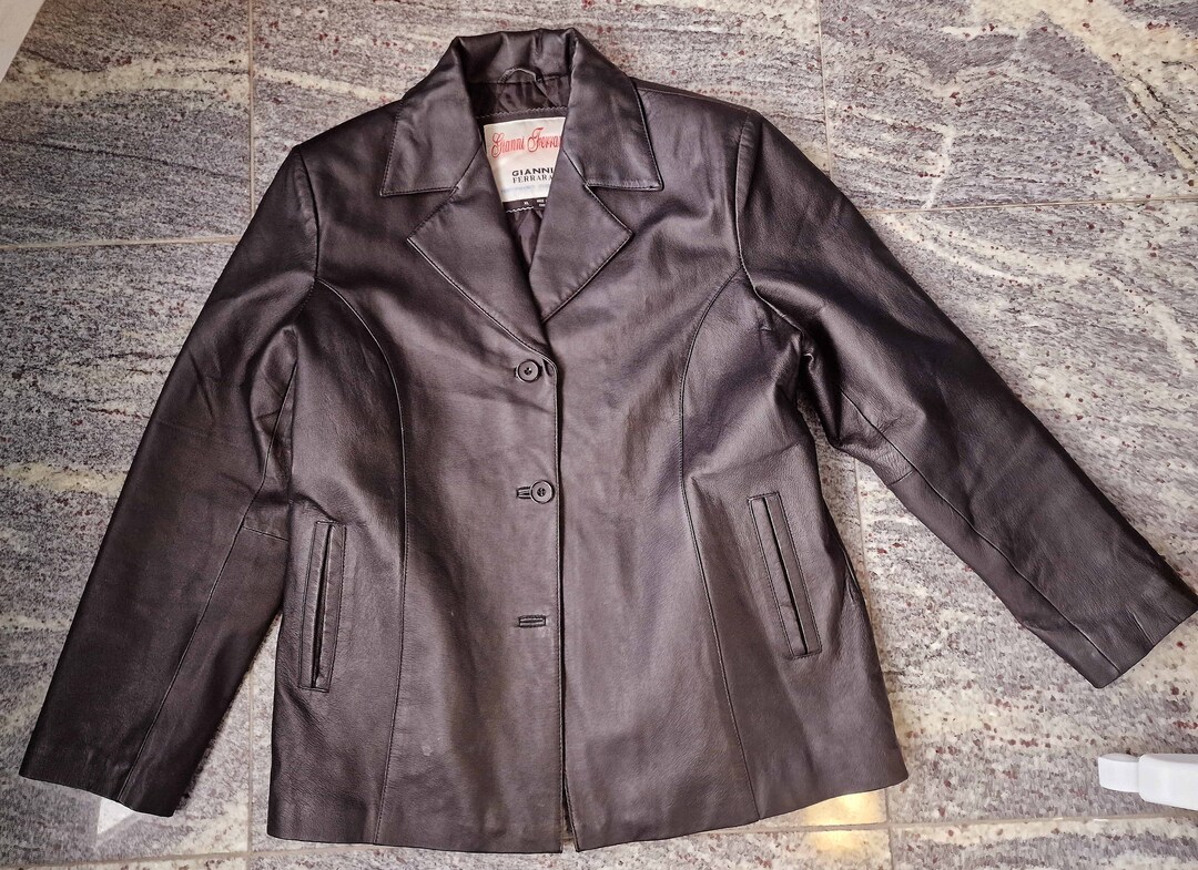 Womens Black Genuine Leather Jacket, Gianni Ferrara Button up XL - Etsy