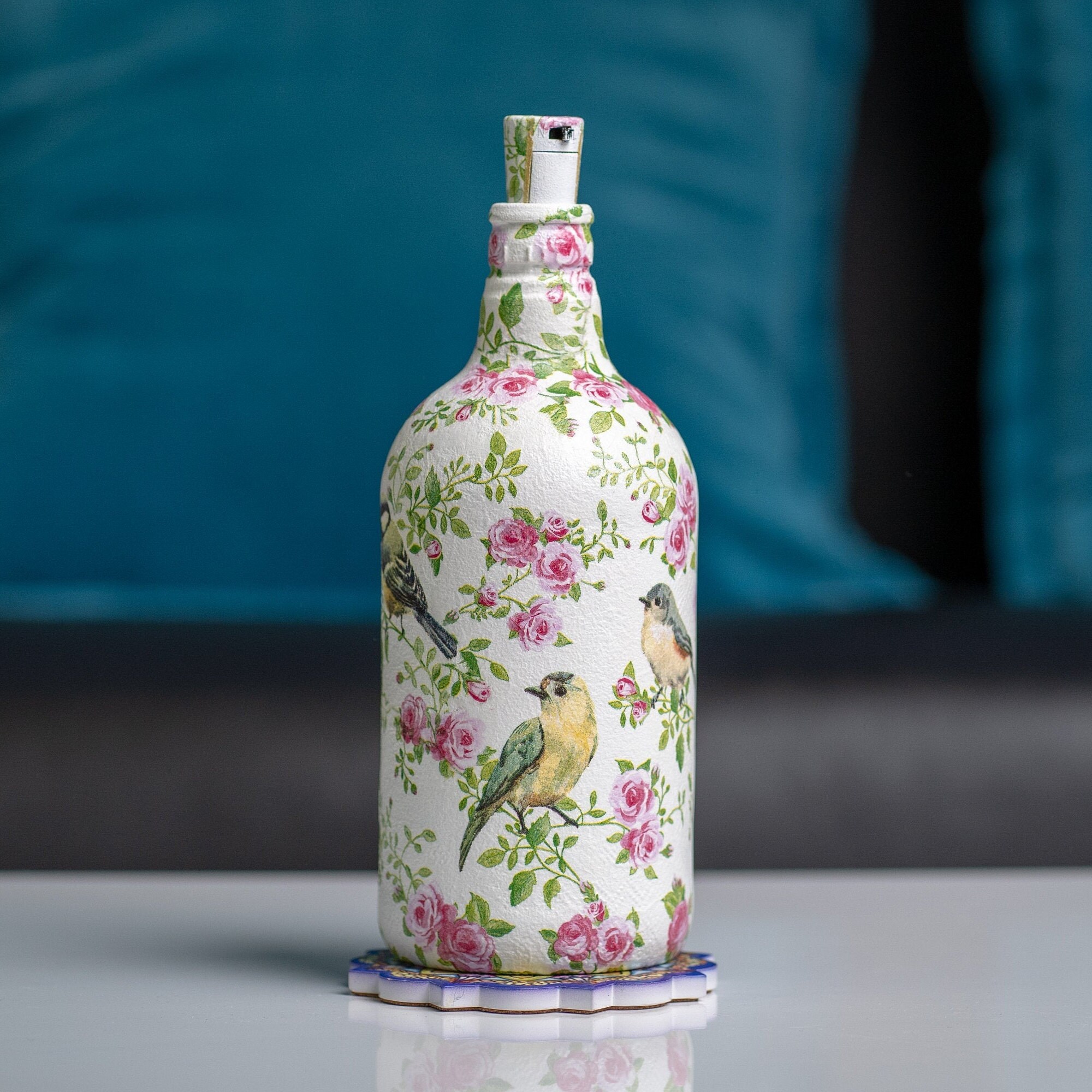 Roses and Birds Decorated Bottle with Window Looking Inside | Etsy