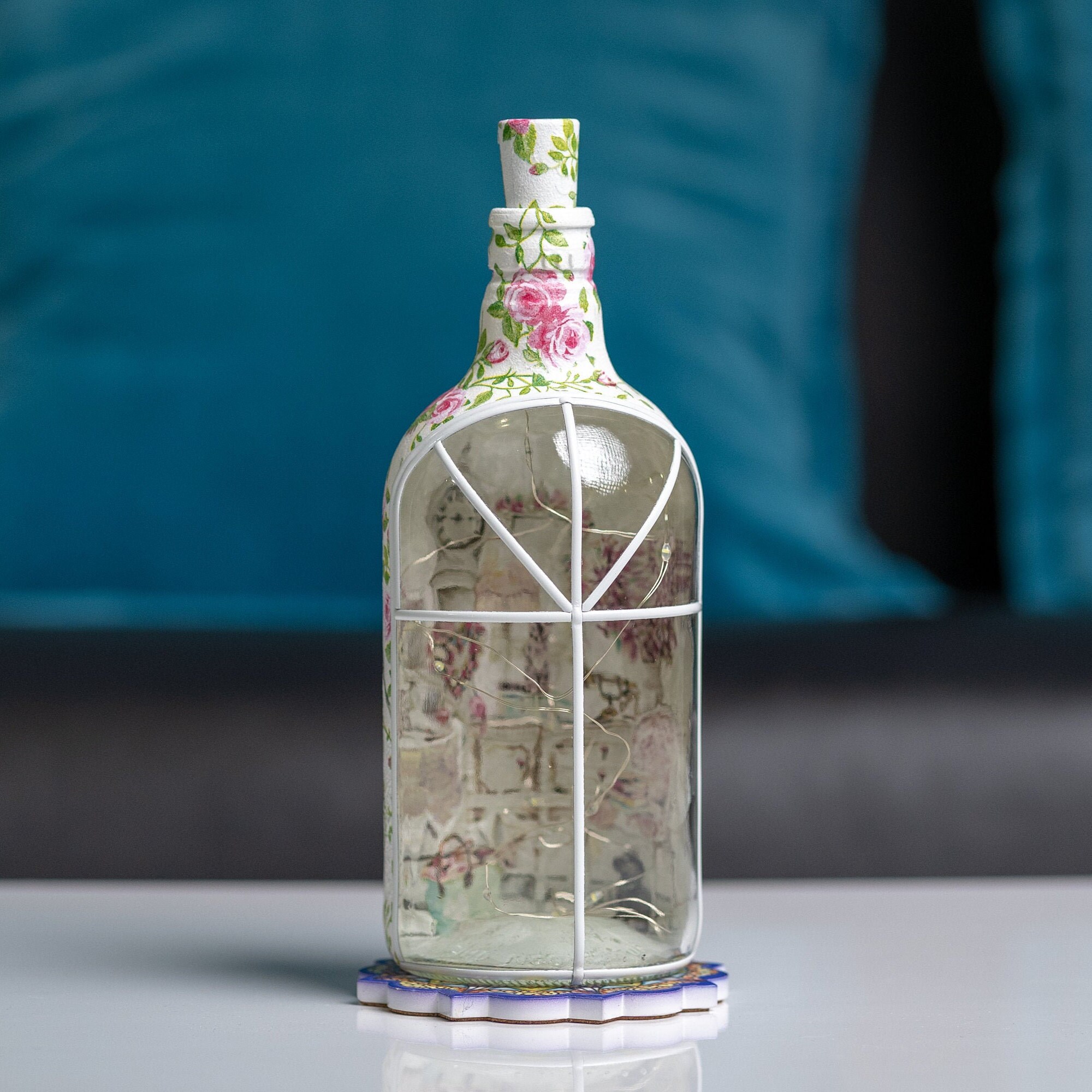 Roses and Birds Decorated Bottle with Window Looking Inside and LED ...