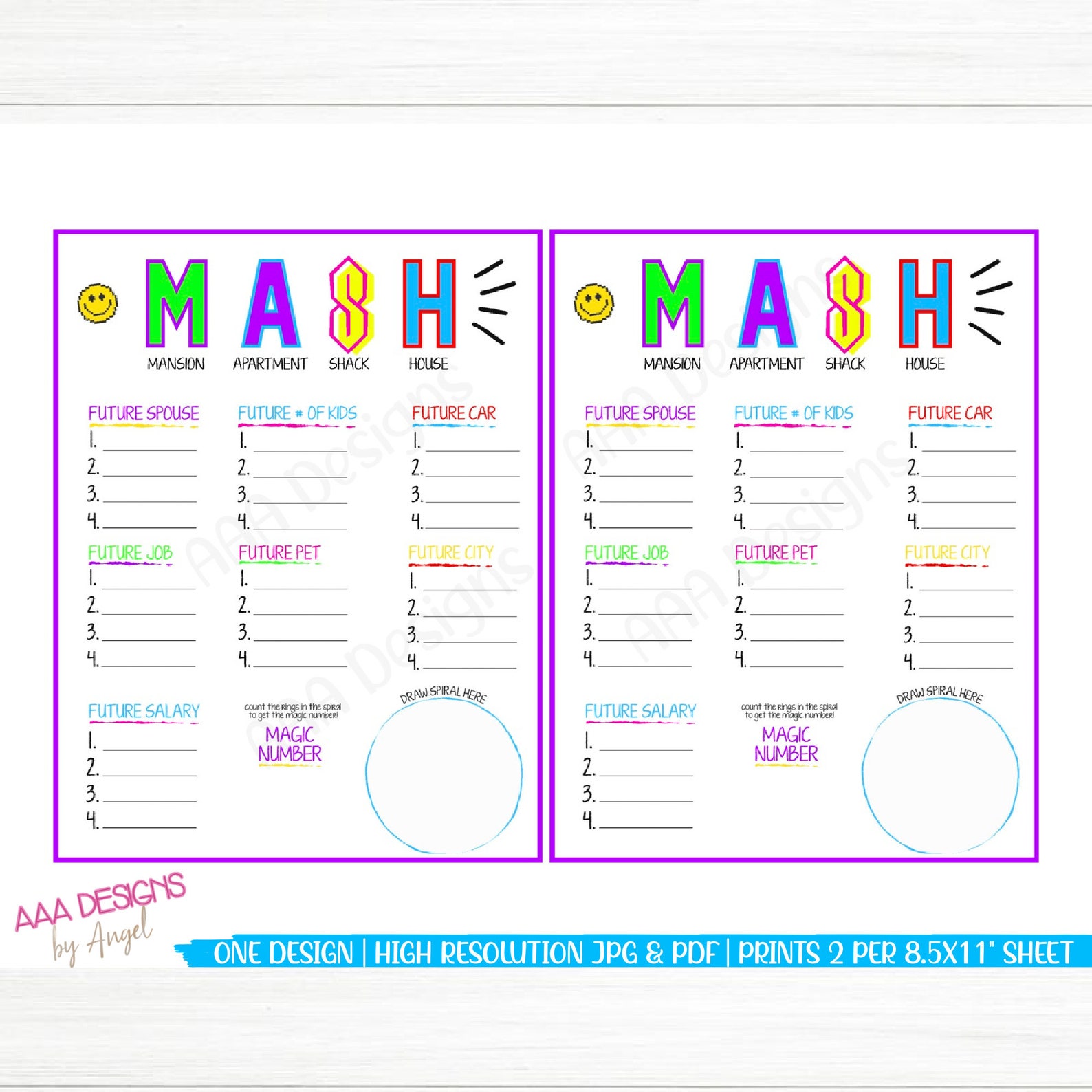 MASH Game Printable | MASH Game Digital File | Instant Download - Etsy