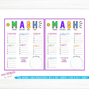 MASH Game Printable | MASH Game Digital File | Instant Download - Etsy