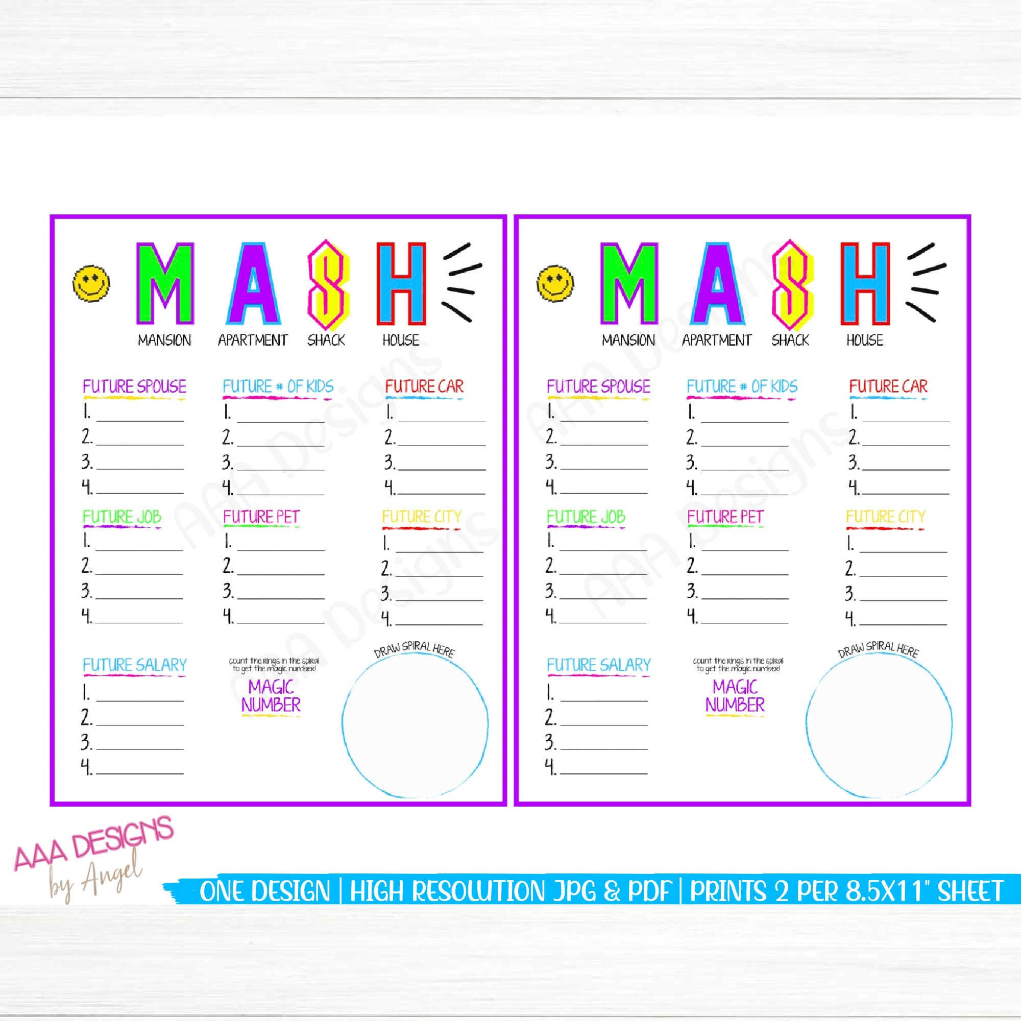 MASH Game Printable MASH Game Digital File Instant Download - Etsy