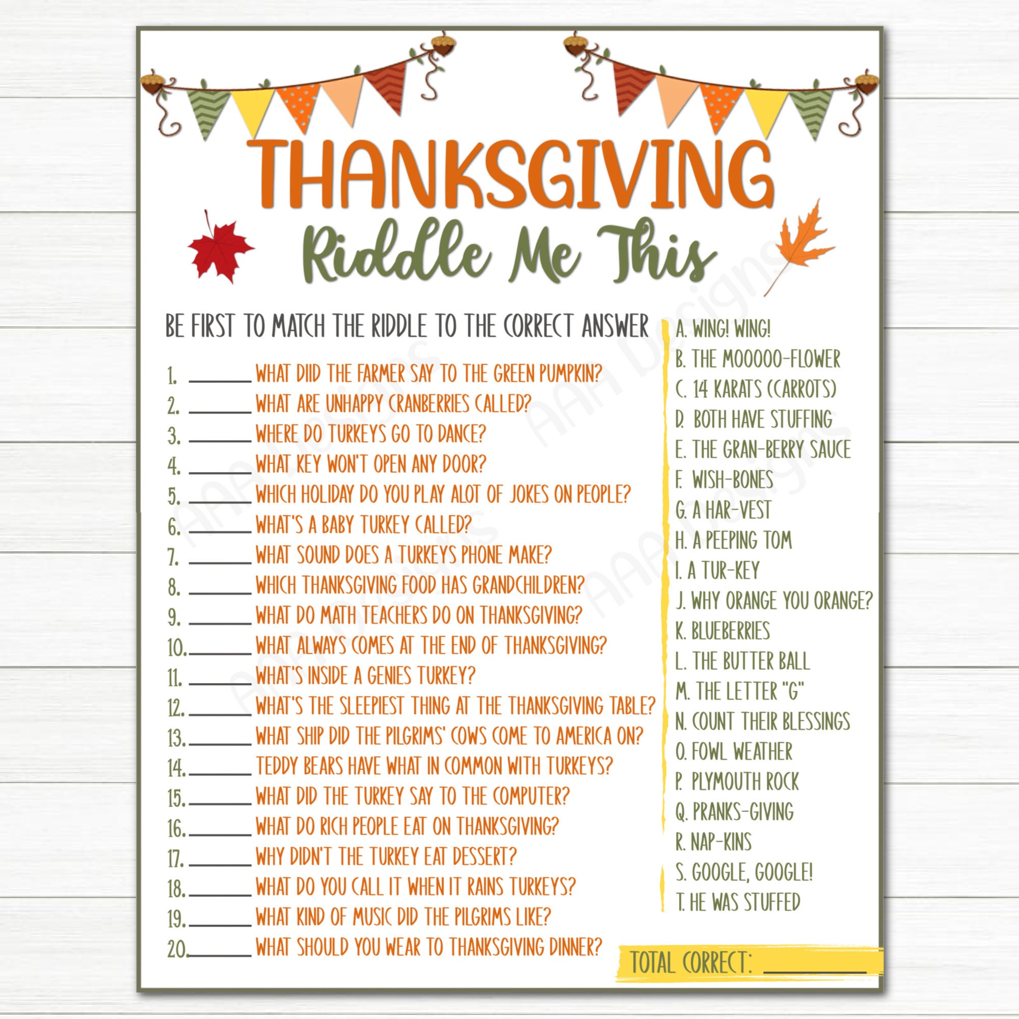 Thanksgiving Riddle Me This Game Printable Games Fall - Etsy