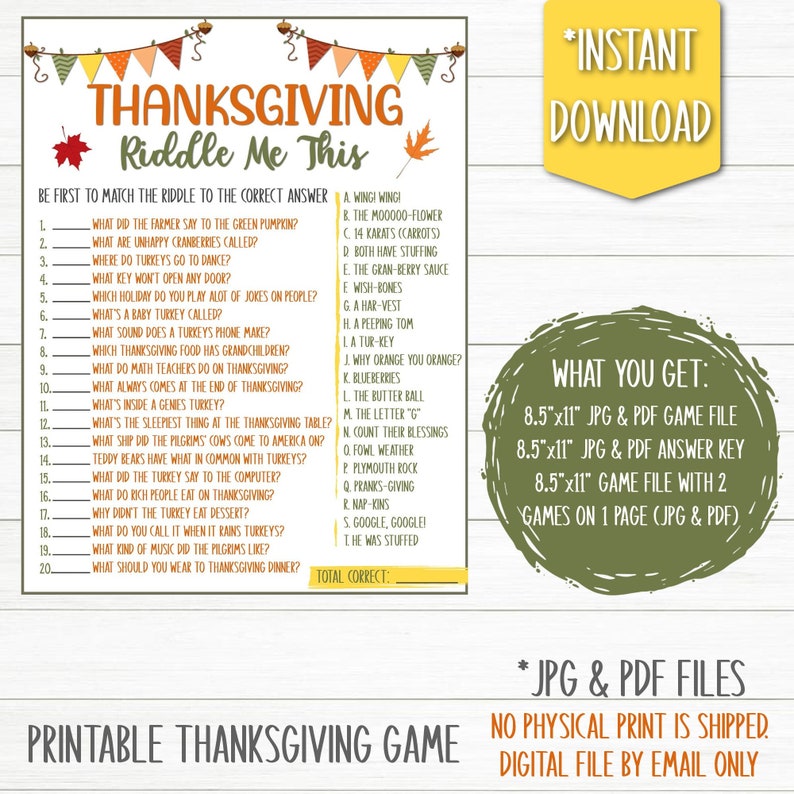Thanksgiving Riddle Me This Game | Printable Games | Fall Games ...