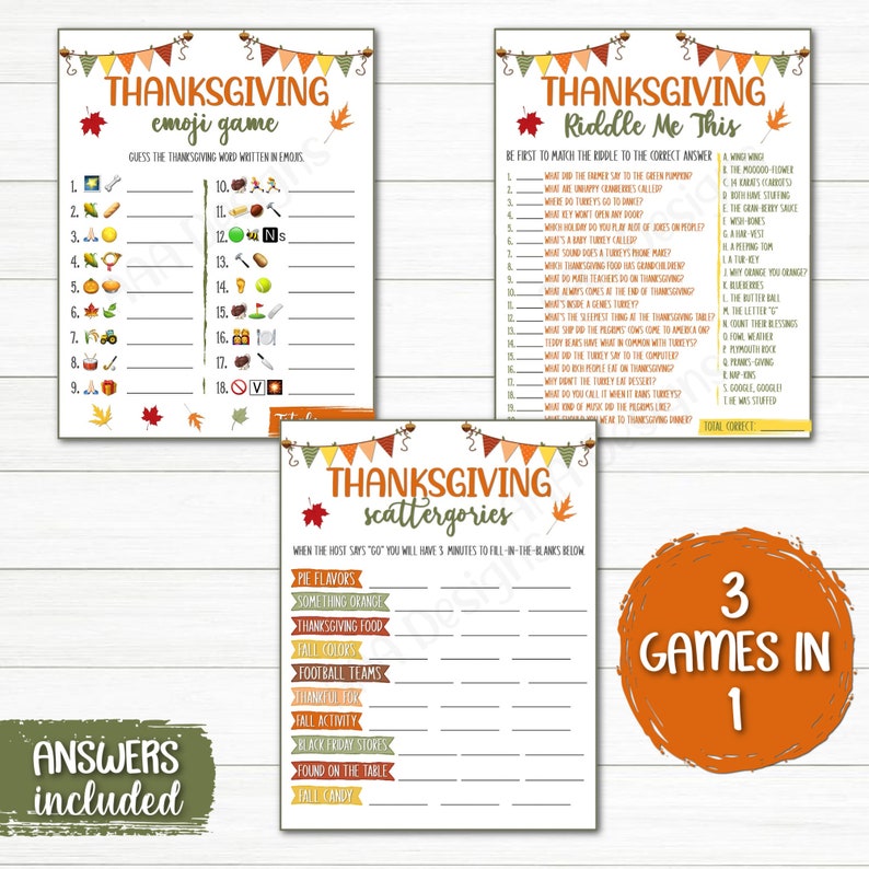 Bundle of 3 Thanksgiving Games Printable Thanksgiving Games - Etsy