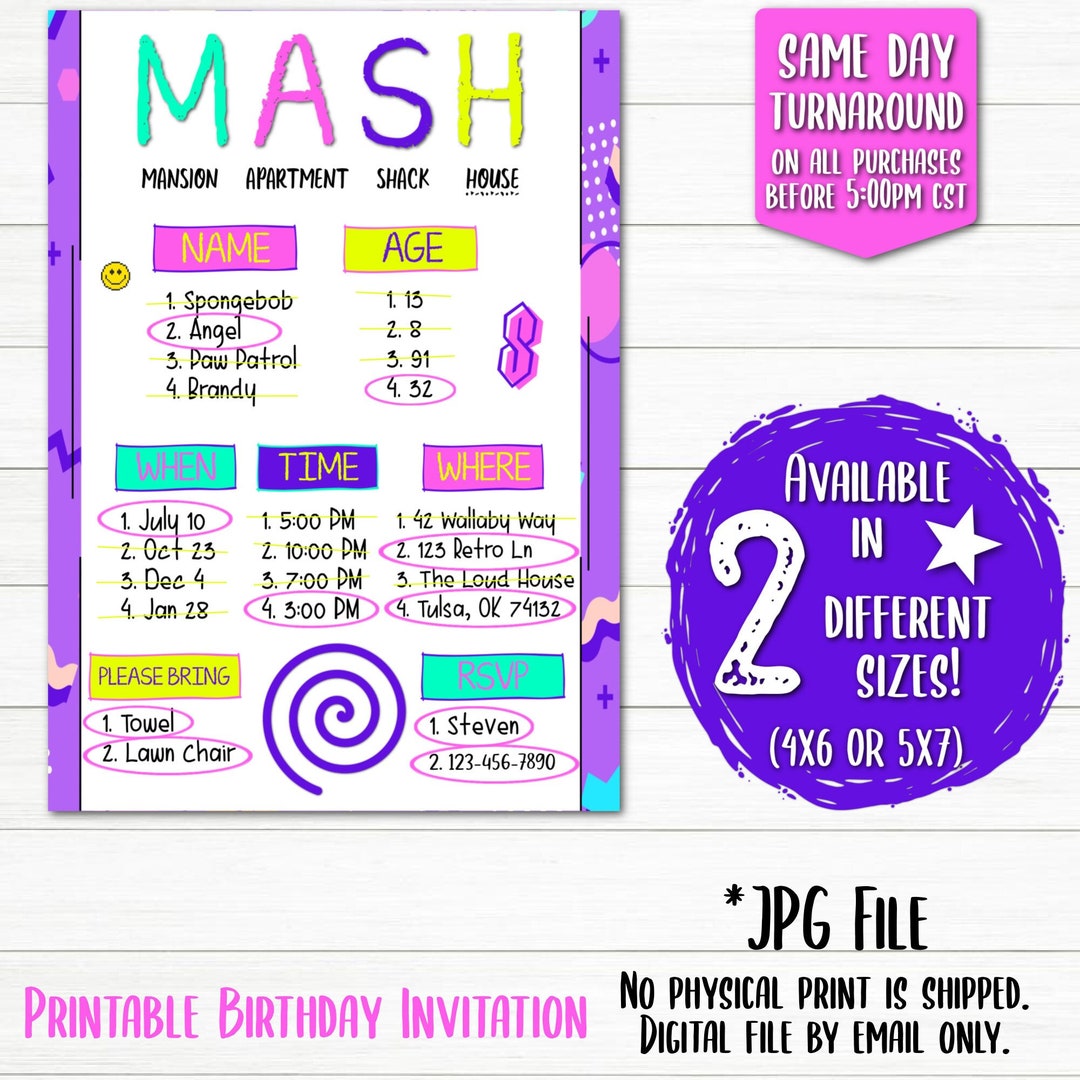 MASH Birthday Invitation | MASH Birthday Party | Digital File - Etsy