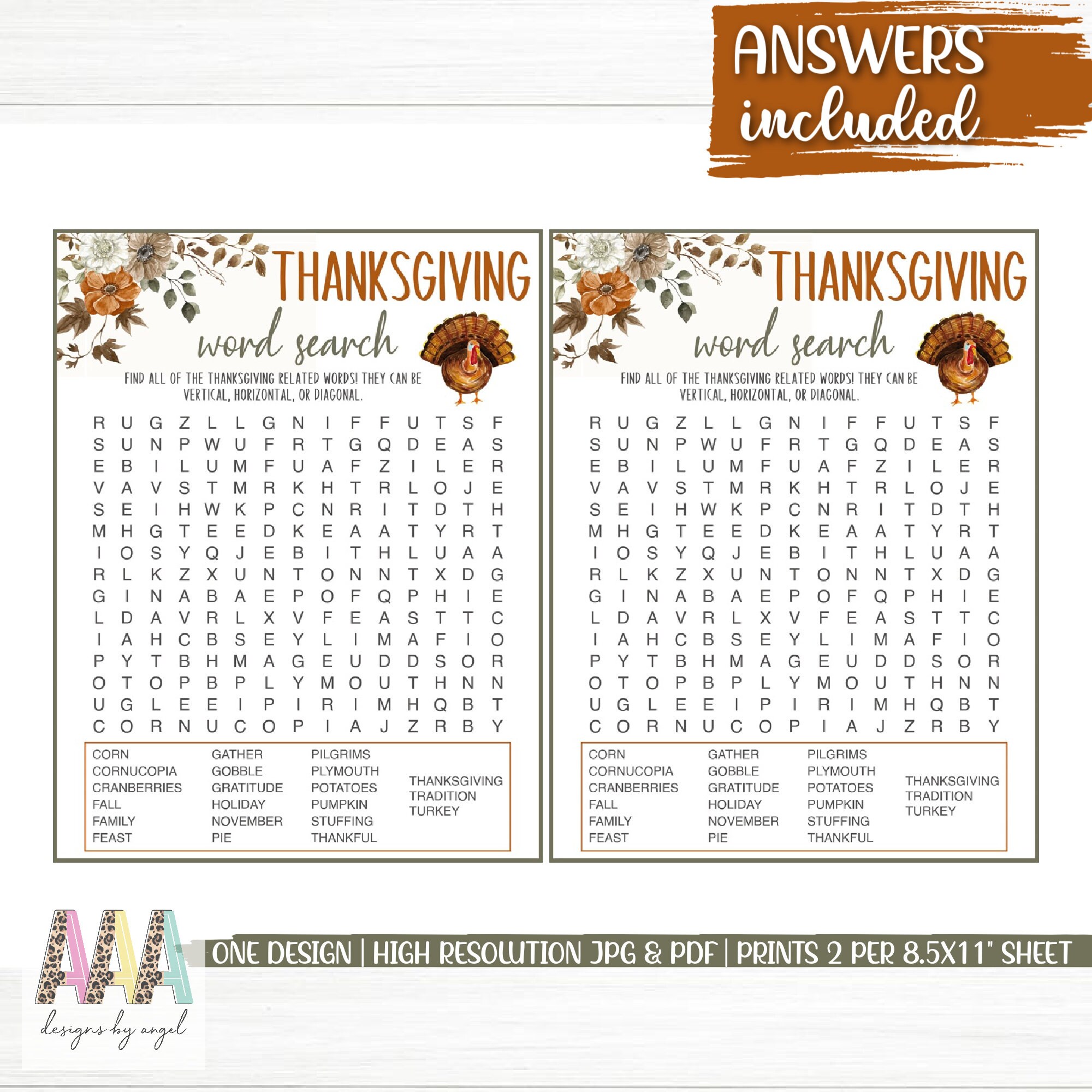 Thanksgiving Word Search Game Printable Games Fall Games Instant ...