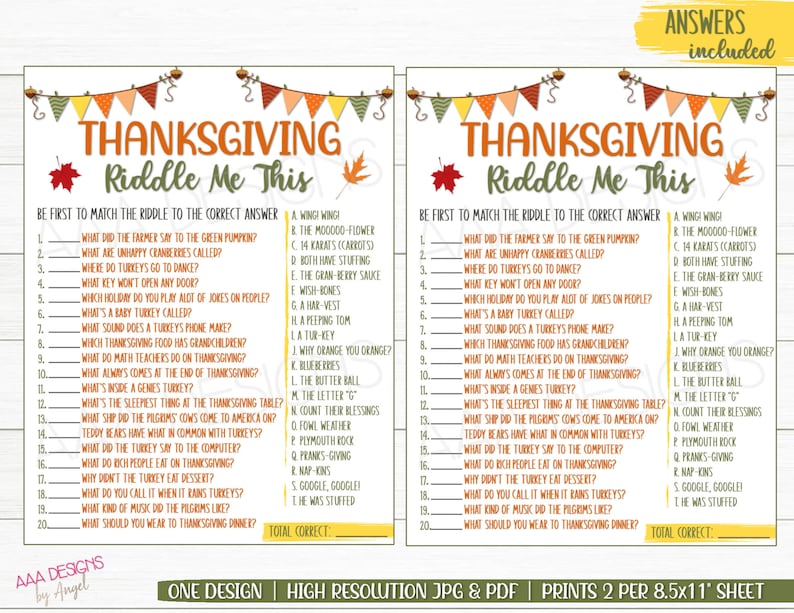 Thanksgiving Riddle Me This Game Printable Games Fall - Etsy