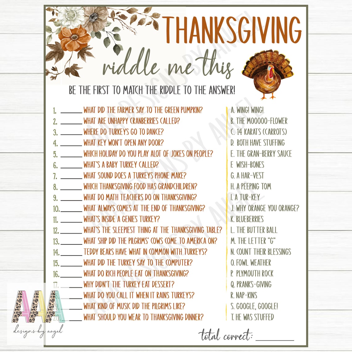 Thanksgiving Riddle Me This Game Printable Games Fall Games Instant ...