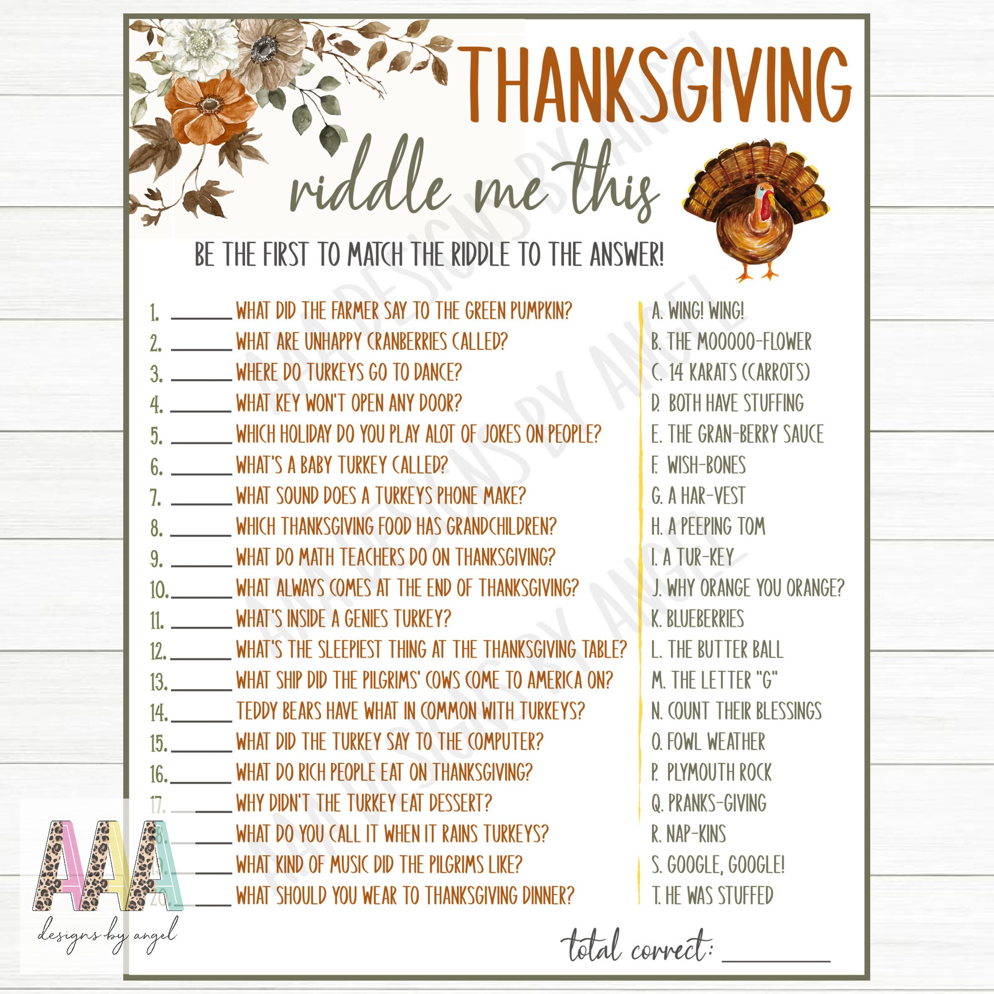Thanksgiving Riddle Me This Game Printable Games Fall Games Instant ...
