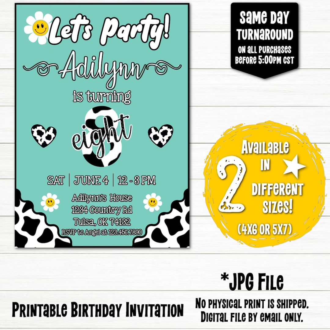 Cow Print Birthday Invitation | Cow Theme Birthday Party | Digital File ...