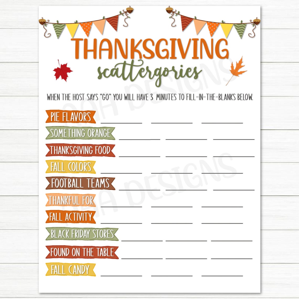 Thanksgiving Scattergories Game Printable Games Fall Games | Etsy