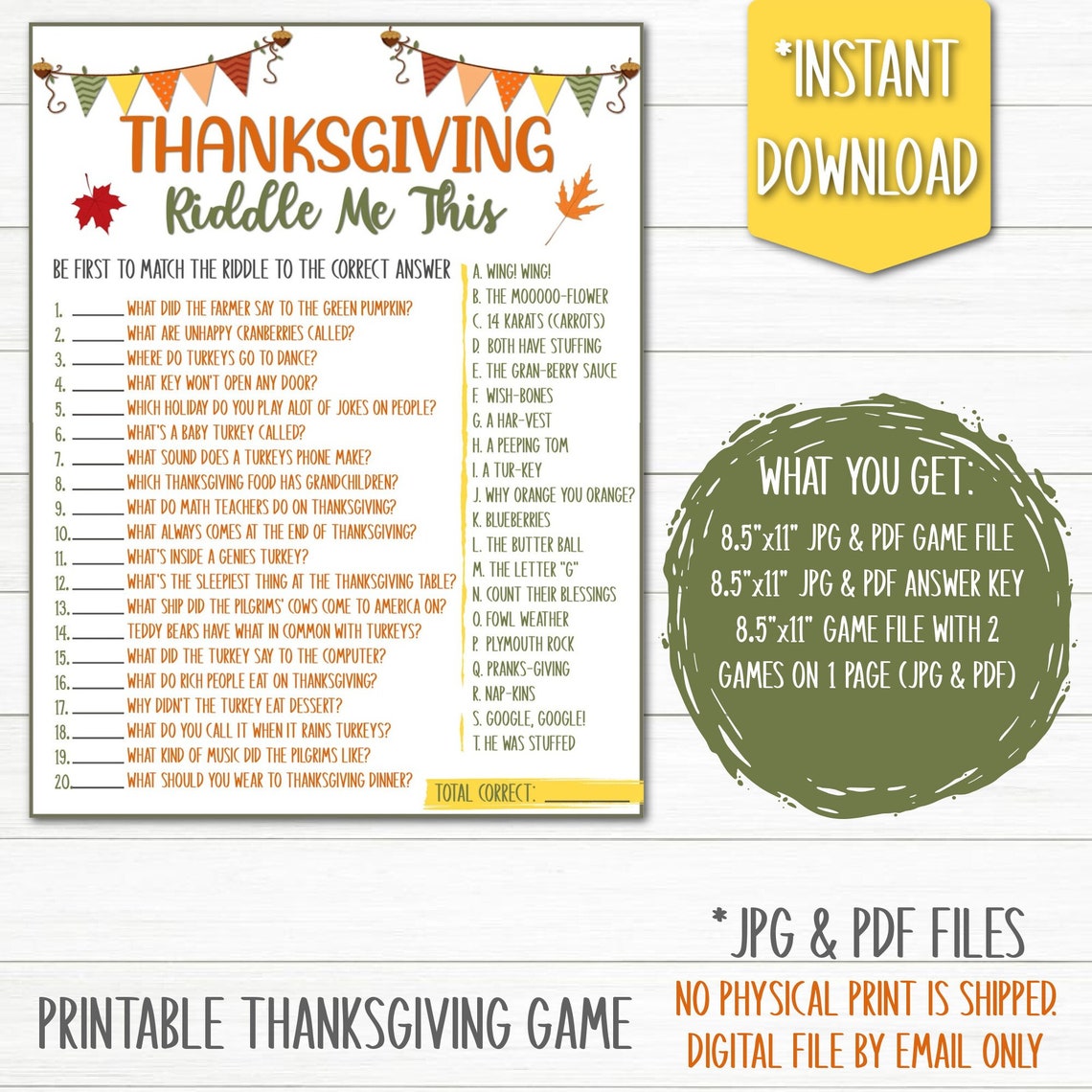 Thanksgiving Riddle Me This Game Printable Games Fall - Etsy