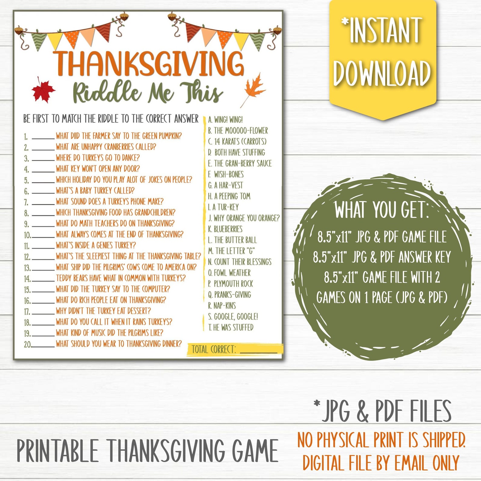 Thanksgiving Riddle Me This Game Printable Games Fall - Etsy