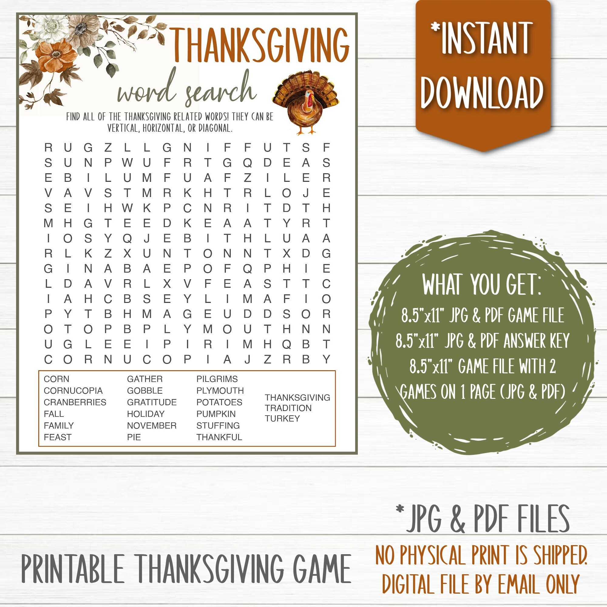 Thanksgiving Word Search Game Printable Games Fall Games Instant ...