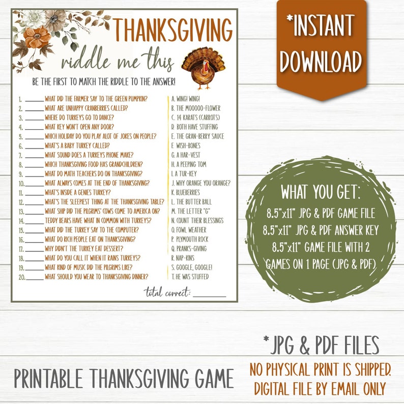 Thanksgiving Riddle Me This Game Printable Games Fall - Etsy