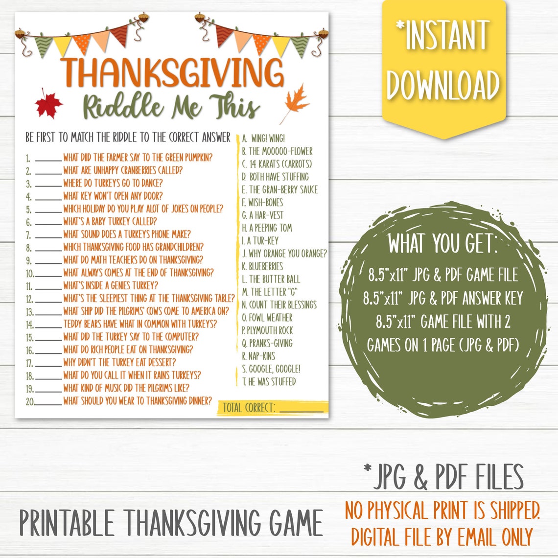 Thanksgiving Riddle Me This Game Printable Games Fall - Etsy