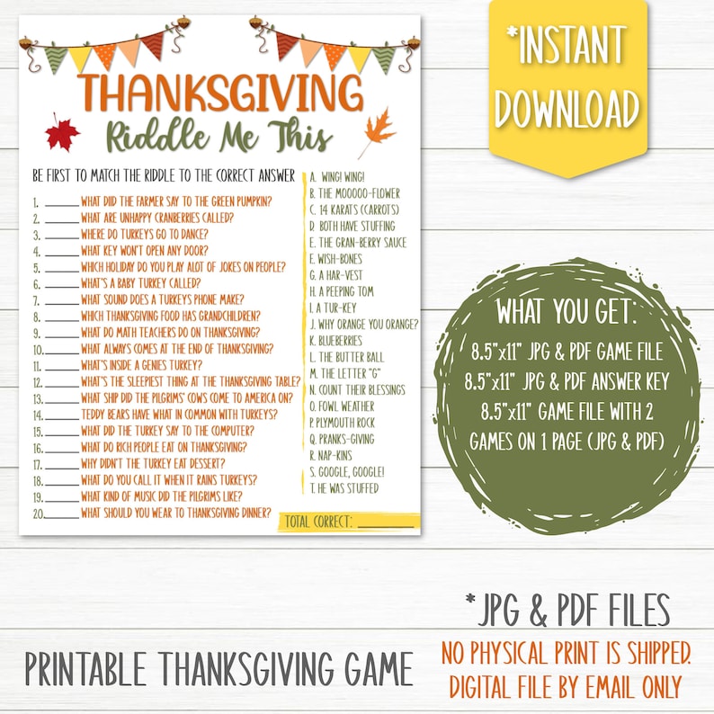 Thanksgiving Riddle Me This Game Printable Games Fall - Etsy