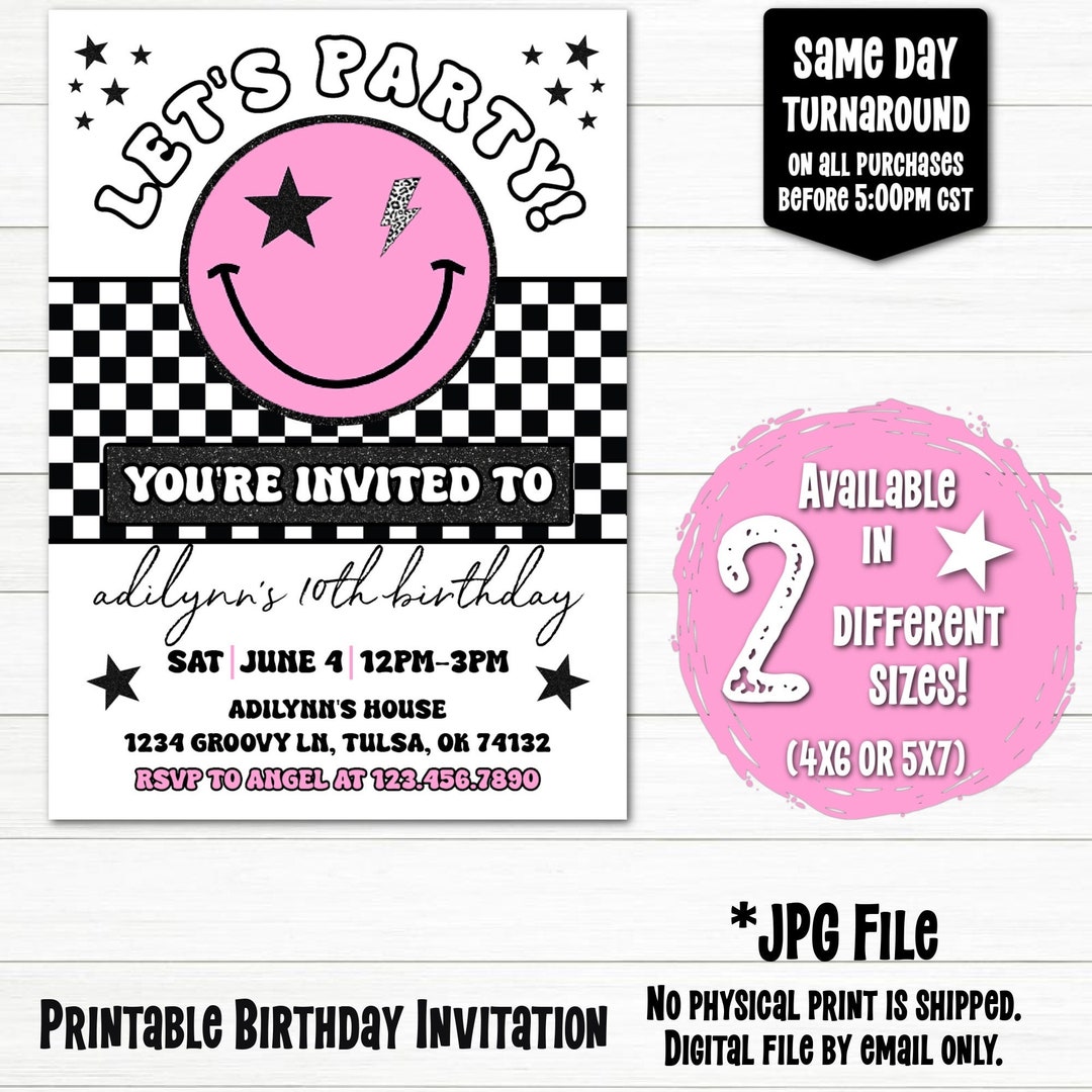 Smiley Face Birthday Invitation | Retro Birthday Party | Checkered ...