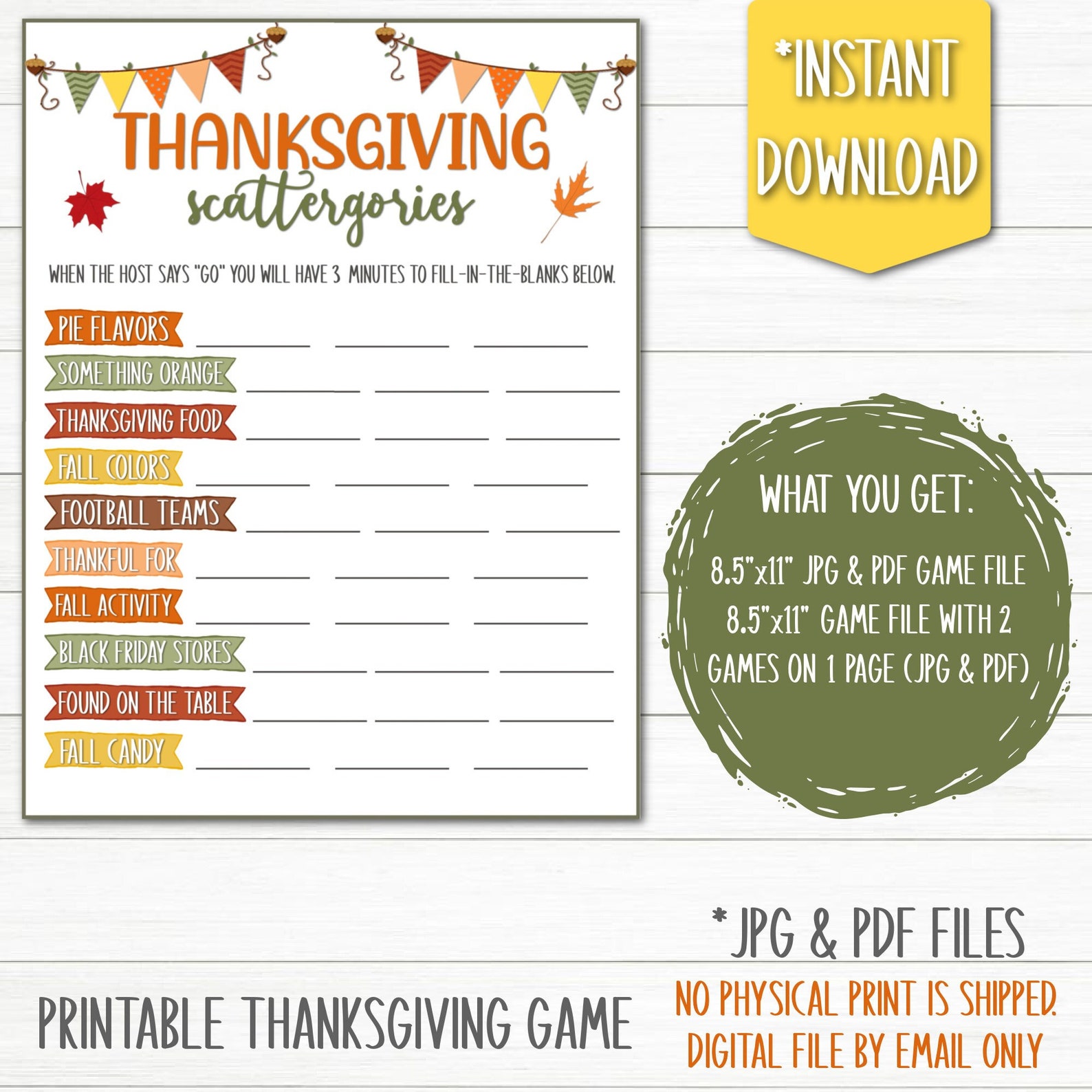 Thanksgiving Scattergories Game Printable Games Fall Games Instant ...