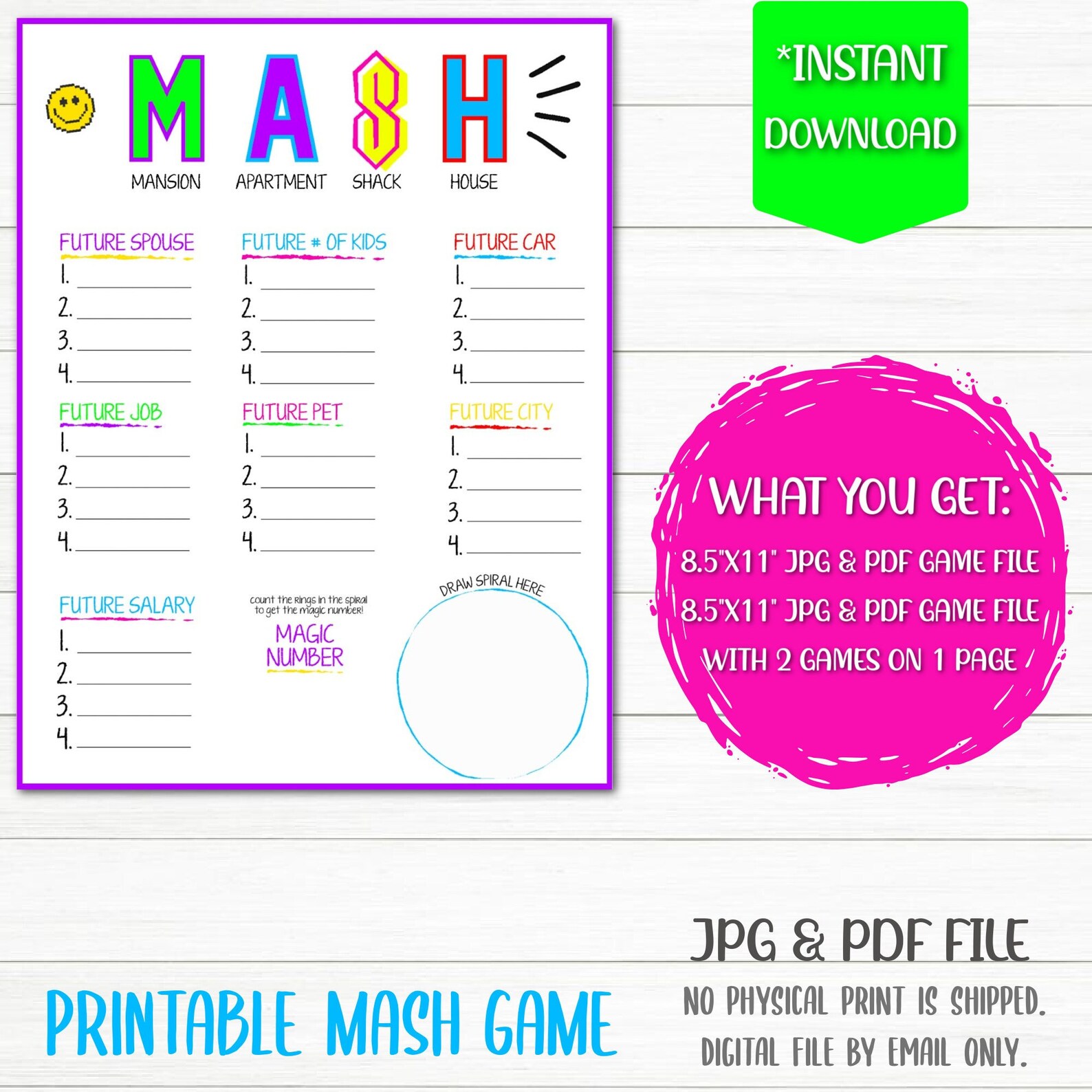 MASH Game Printable MASH Game Digital File Instant Download - Etsy
