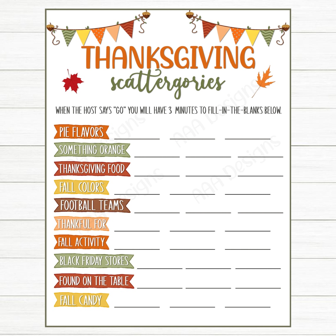 Thanksgiving Scattergories Game Printable Games Fall Games - Etsy