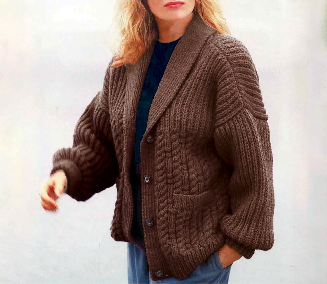 Women's Aran Jacket | Chunky Cardigan Knitting Pattern | Irish Rib, Cable Knit Car Coat, Shawl ...