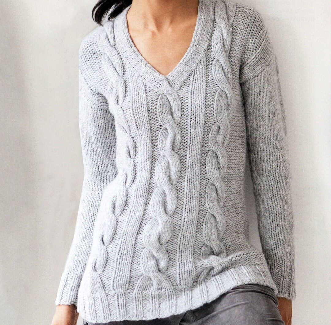 Chunky V Neck Sweater | Bulky Knit Top With Classic Cables | Women's ...